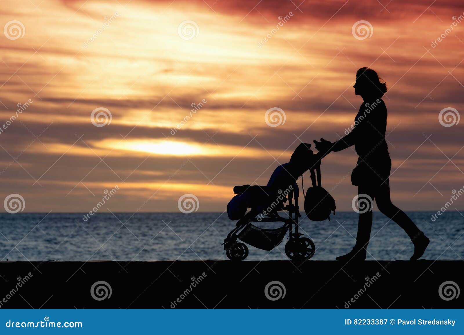 Silhouette Mother Pulling Baby Stroller Stock Image - Image of holiday ...