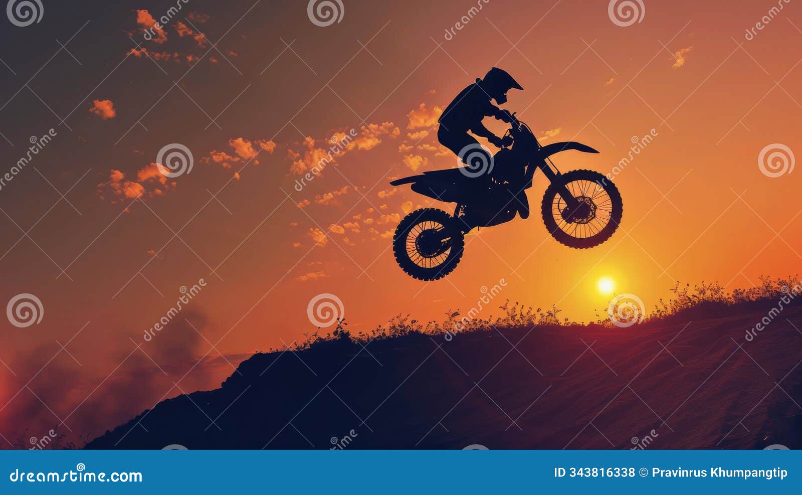 Silhouette Of Motocross Rider On Sunset Sky Background Royalty-Free ...