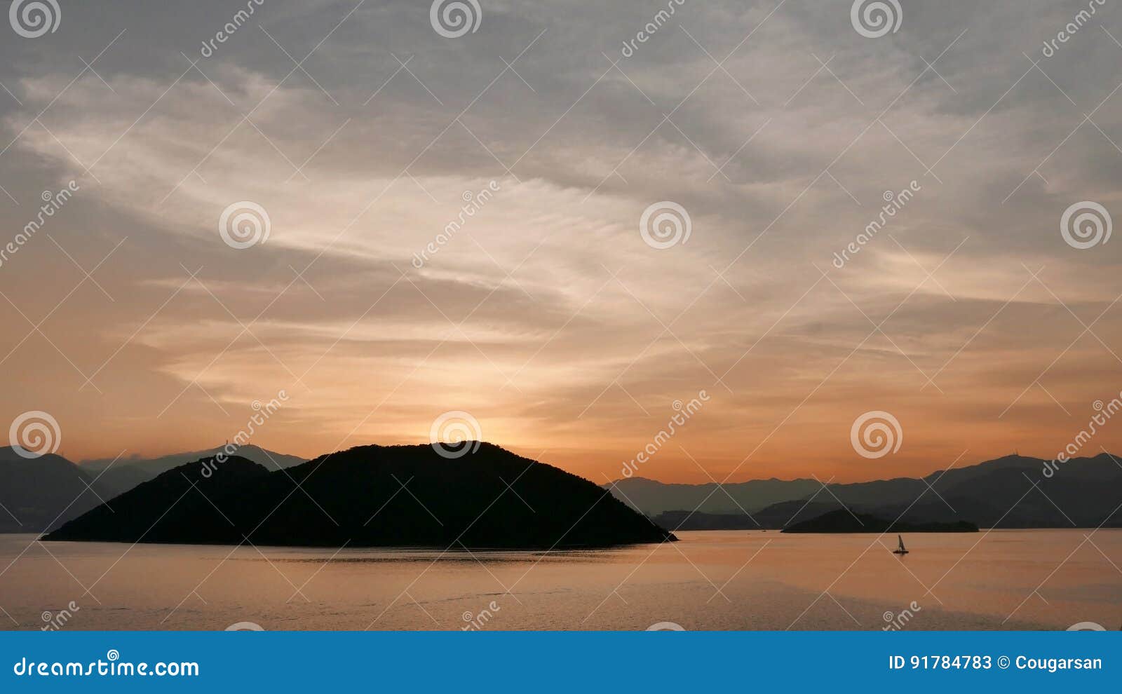 The Silhouette of Mountain and Sailing Boat with Cloud and Gradient ...