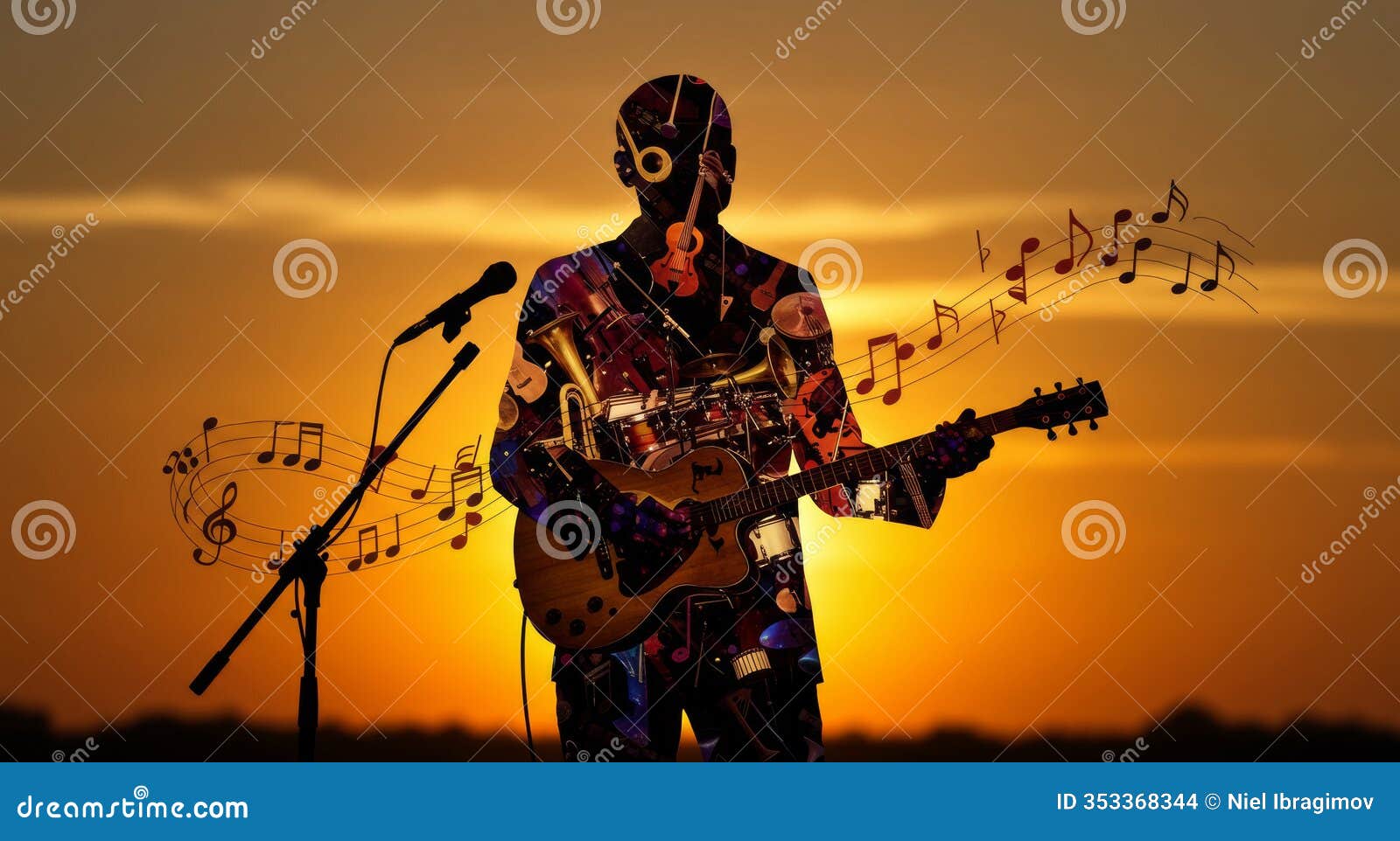 Silhouette Musician at Sunset with Guitar and Musical Notes Stock Photo ...