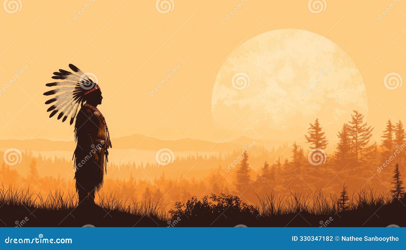 Silhouette of Native American Chief at Sunset Stock Illustration ...
