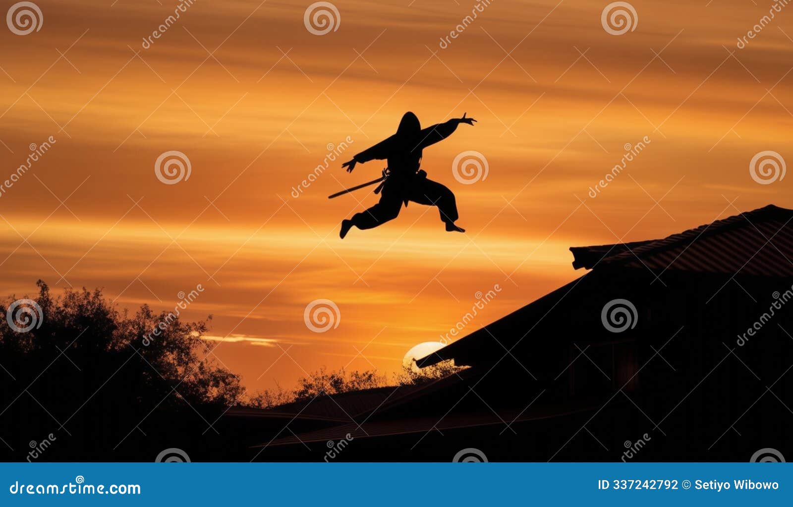 Silhouette of a Ninja Jumping Over a House with a Sunset Background ...