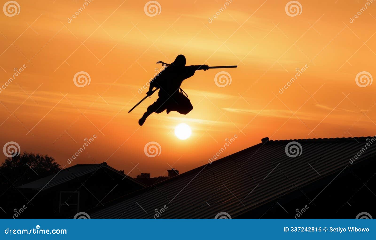 Silhouette of a Ninja Jumping Over a House with a Sunset Background ...