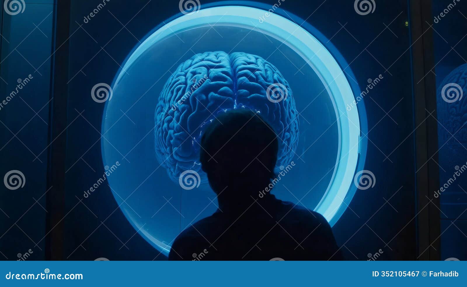 Silhouette Observing Futuristic Brain Display in Blue Light Stock ...