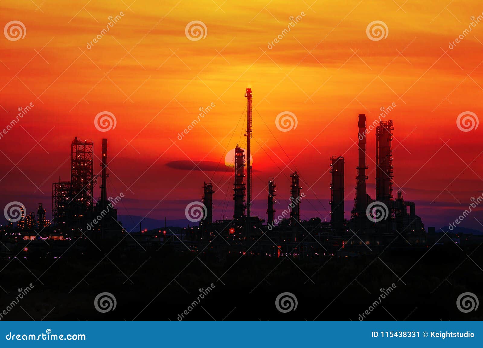 Silhouette Oil refinery. stock image. Image of engineering - 115438331