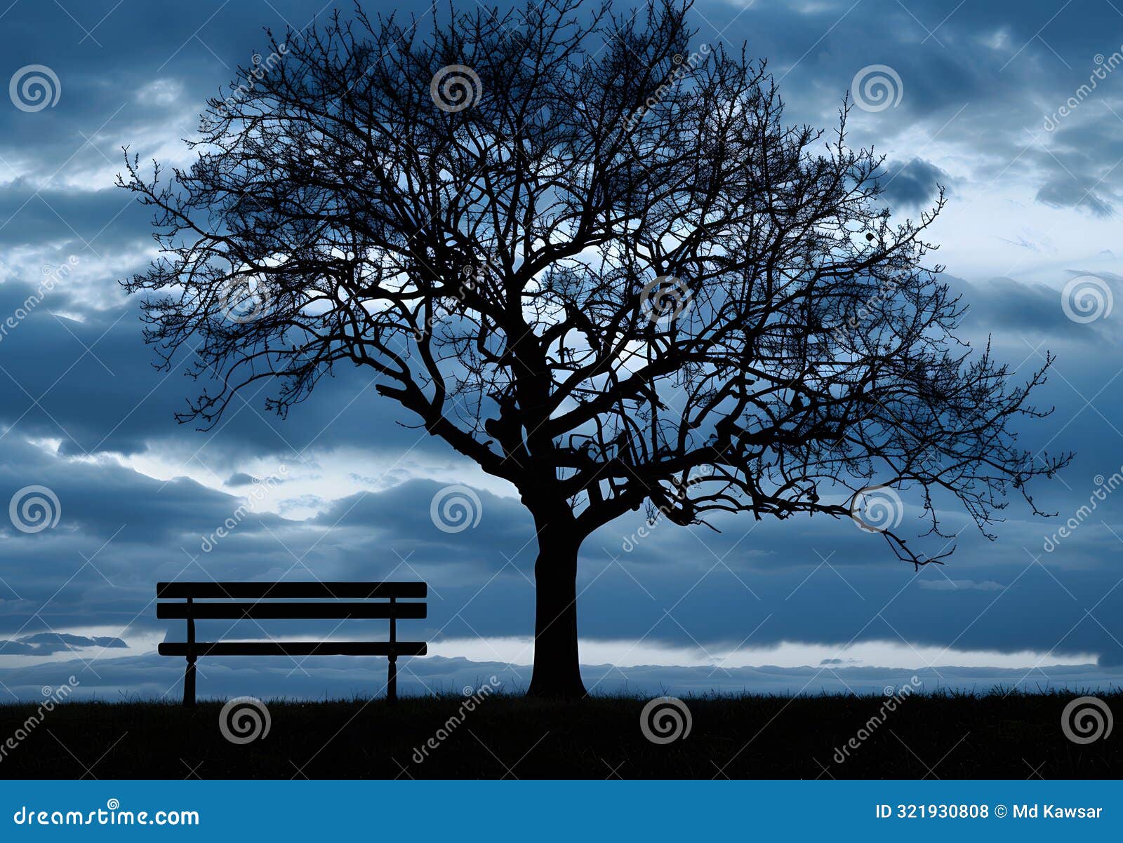 Silhouette of Leafless Tree and Bench at Dusk Stock Illustration ...