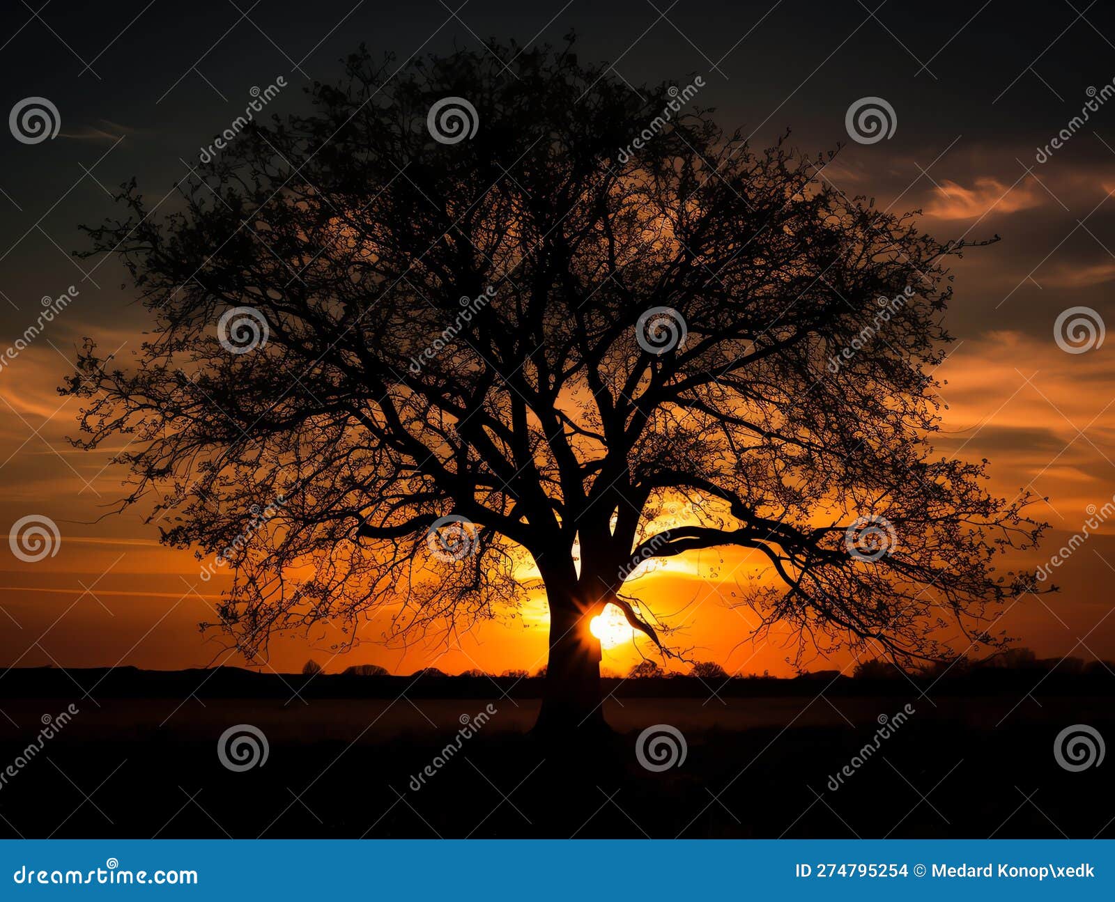 Silhouette of an Old Oak Tree at Sunset. Made with Generative AI Stock ...