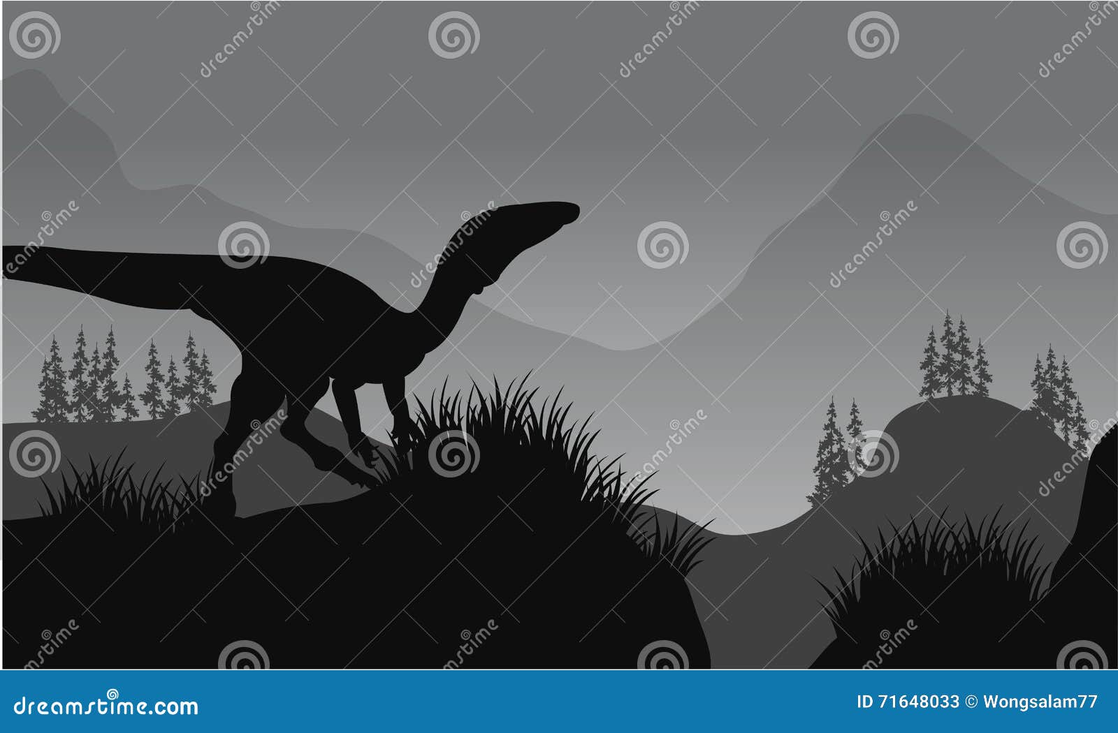 At Night Eoraptor In Hills Scnery Silhouette Vector Illustration ...