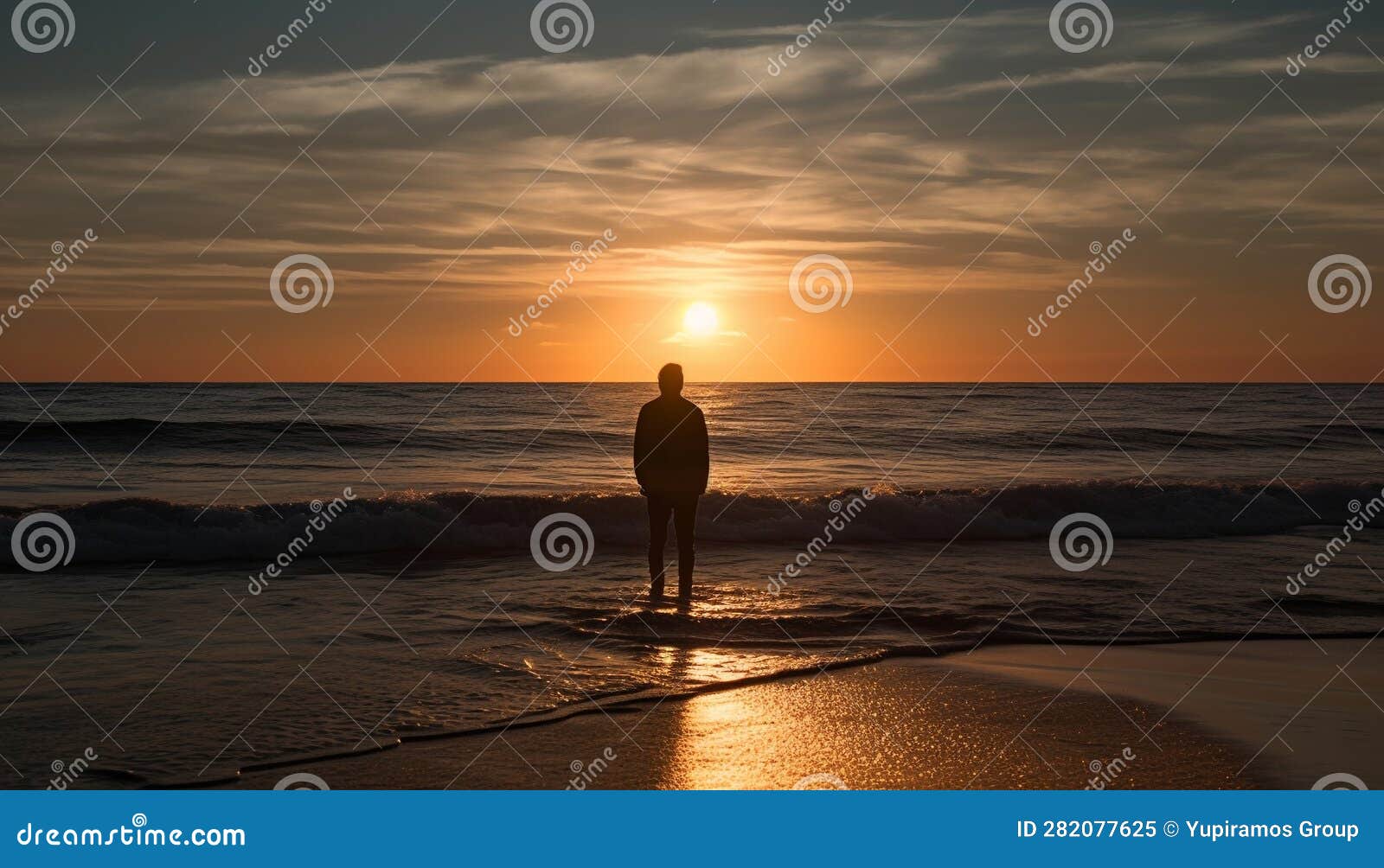 Silhouette of One Person Standing at Waters Edge, Enjoying Solitude ...