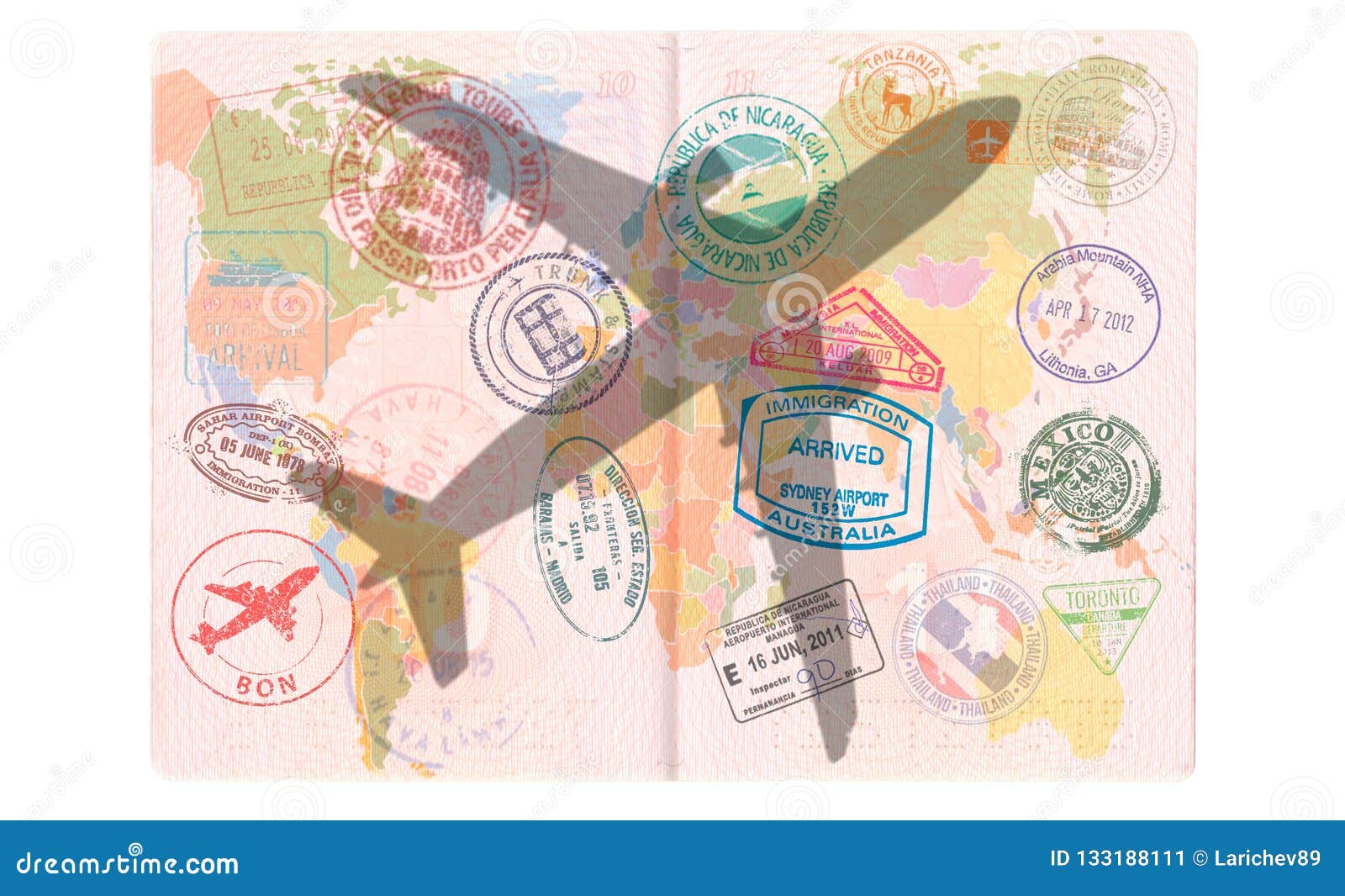 Silhouette Of A Passenger Plane In The Passport World Map Travel