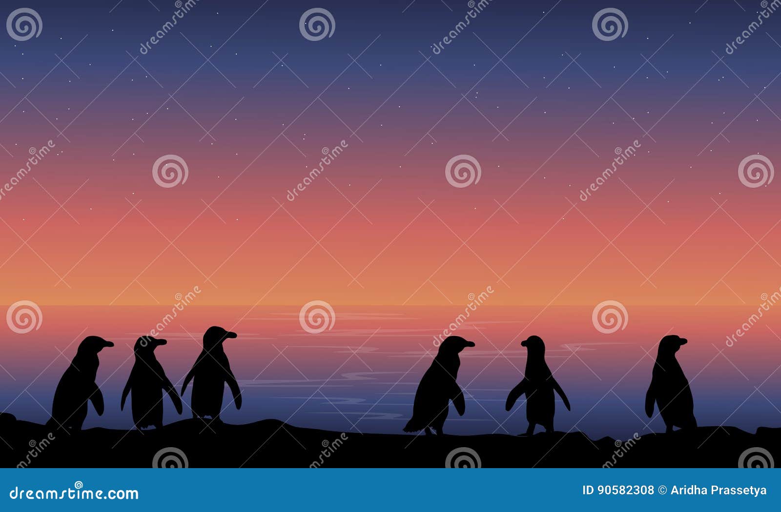 Silhouette Penguin at Night Landscape Stock Vector - Illustration of ...
