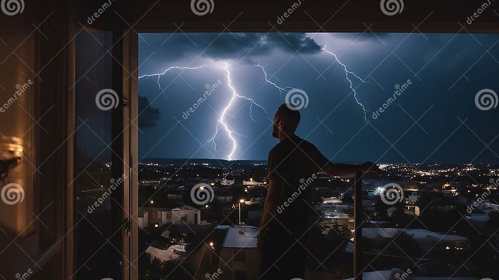 Silhouette Of People In The City He Was Watching The Lightning And