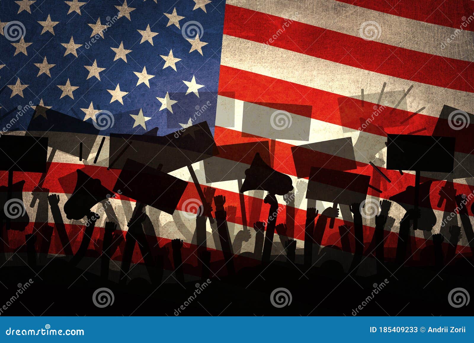 Silhouette of People Protesters on American Flag Background. Crowd ...