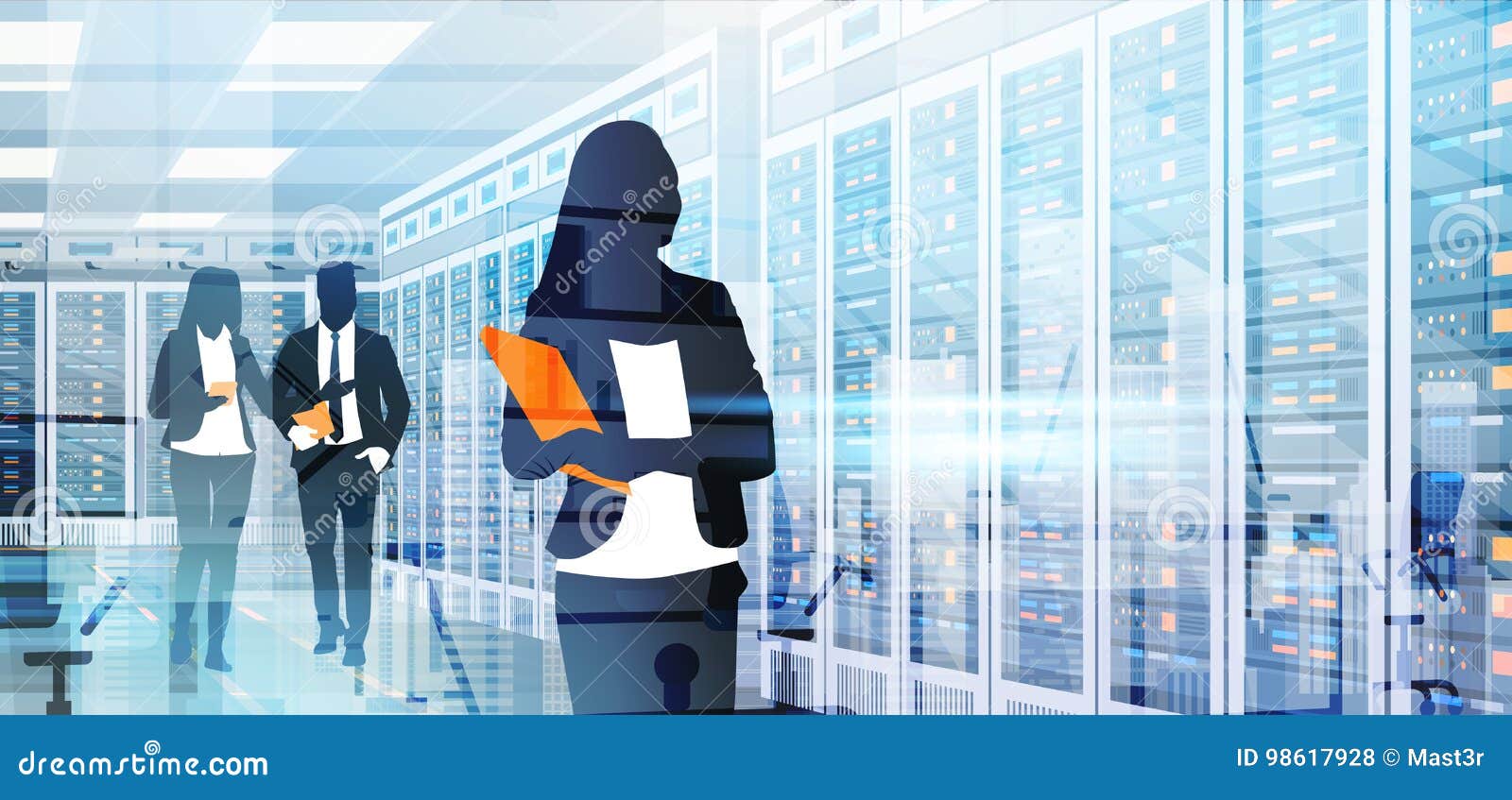 Silhouette People Working in Data Center Room Hosting Server Computer ...