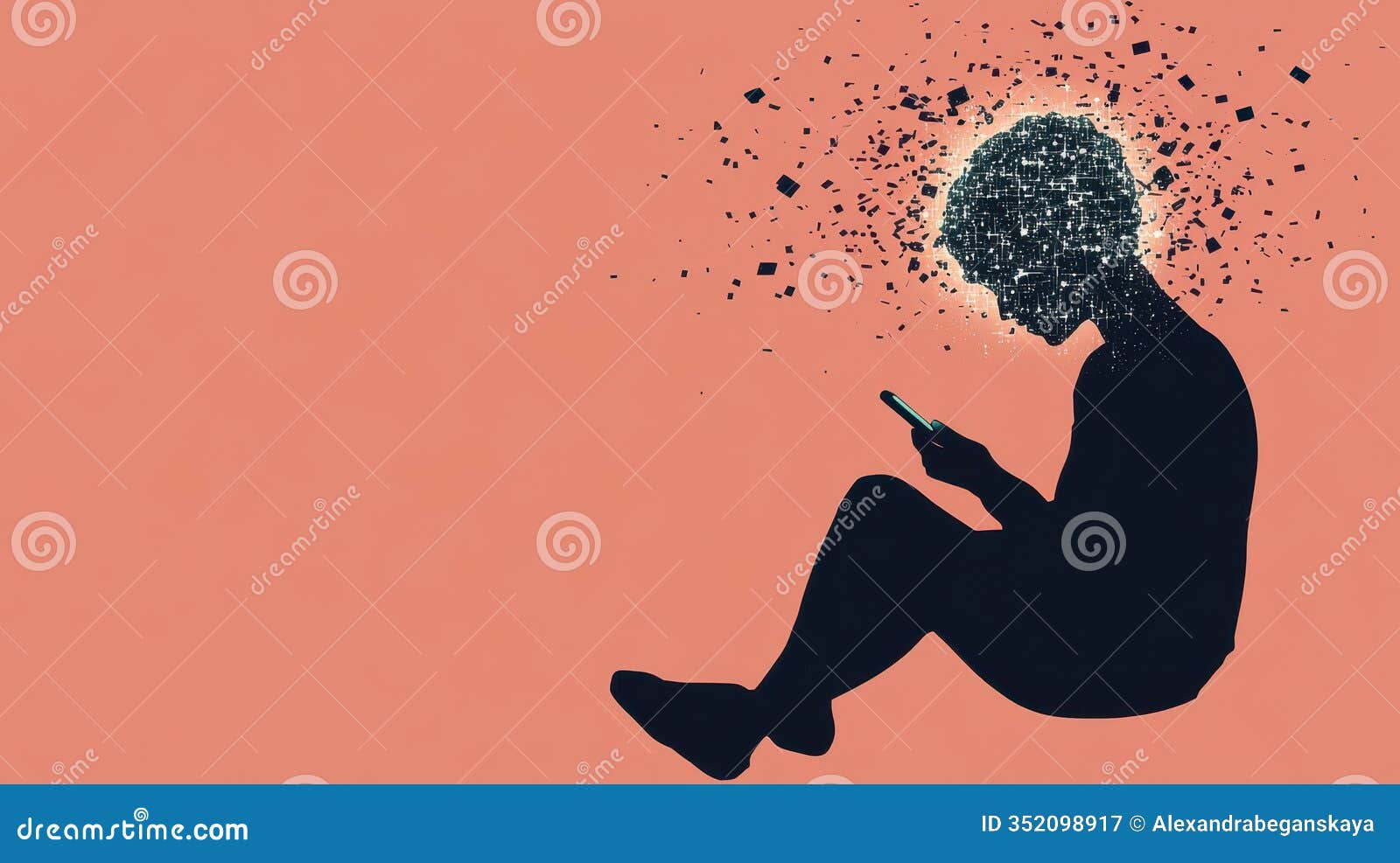 Silhouette of Person with Exploding Digital Head Consumed by Technology ...