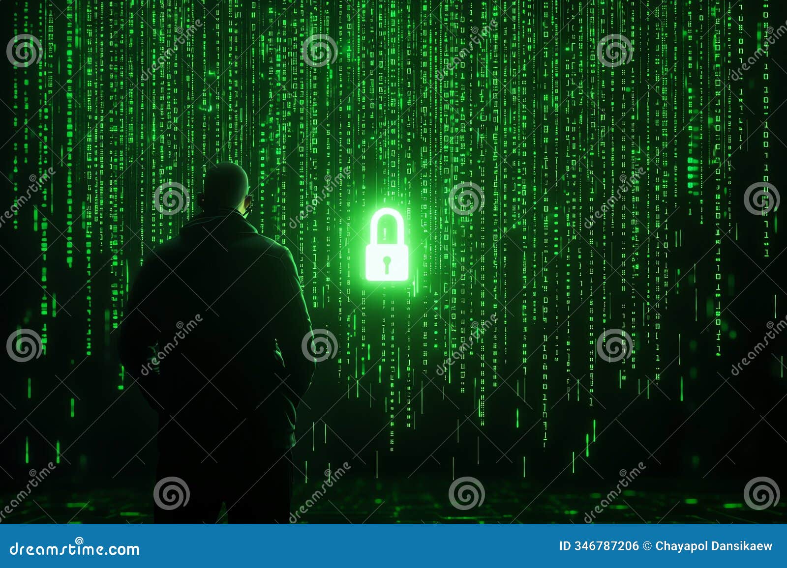 Silhouette of a Person in Front of Digital Security Symbols and Matrix ...