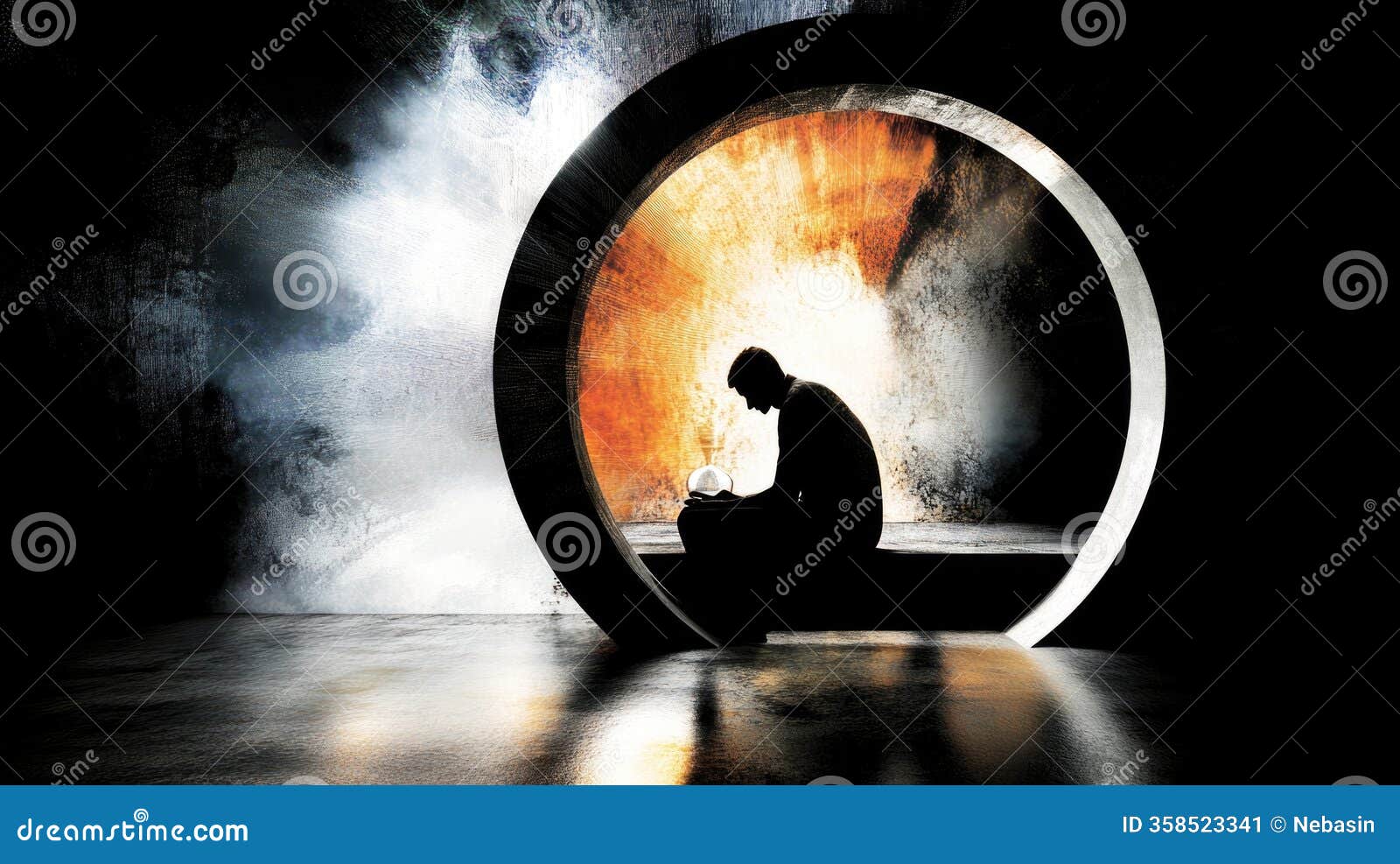 Silhouette of a Person Inside Circular Space with Abstract Lighting ...