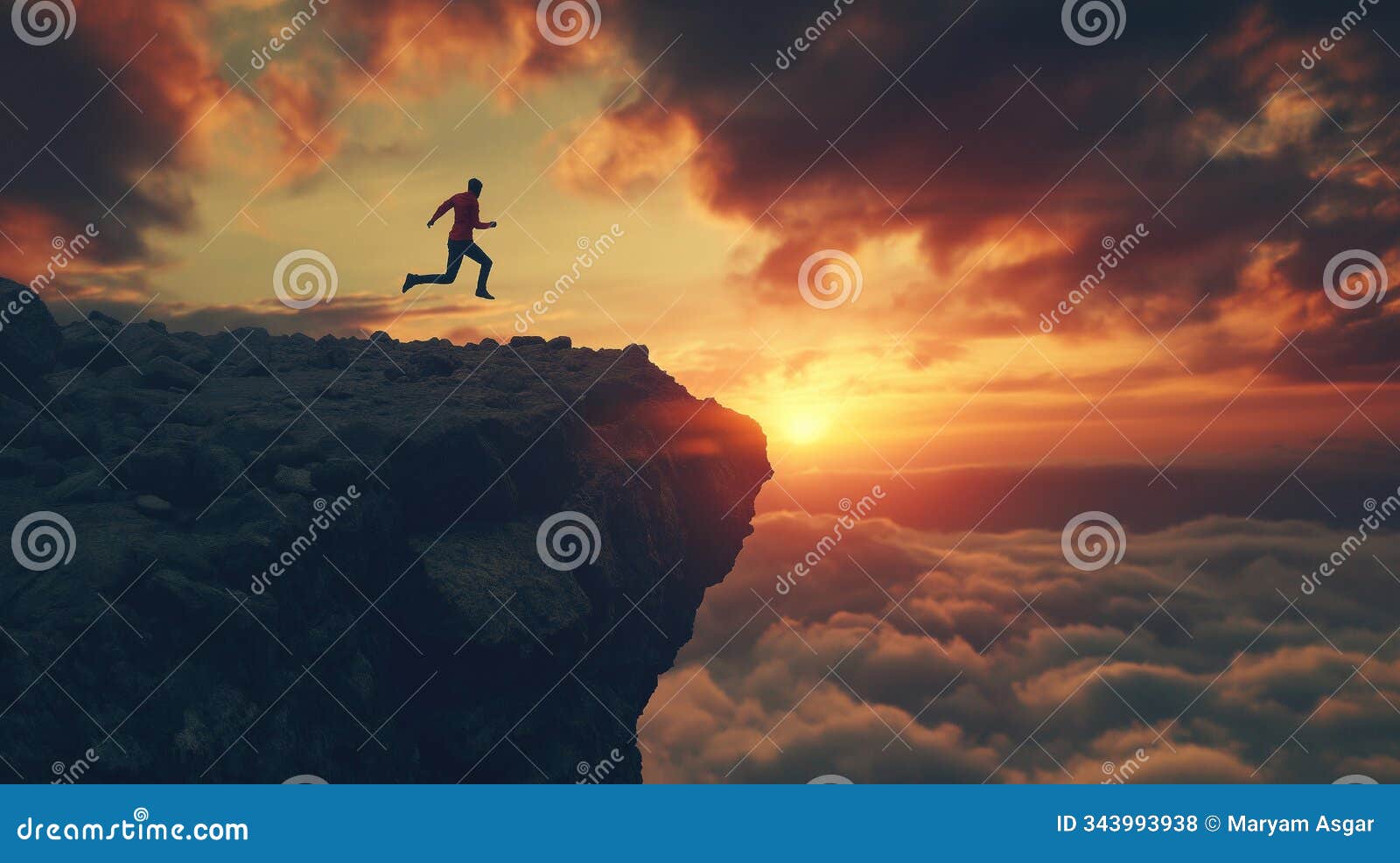 Silhouette of a Person Jumping between Cliffs with a Dramatic Sunset ...