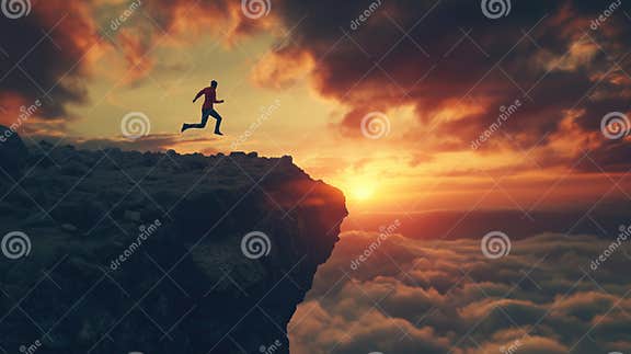 Silhouette of a Person Jumping between Cliffs with a Dramatic Sunset ...
