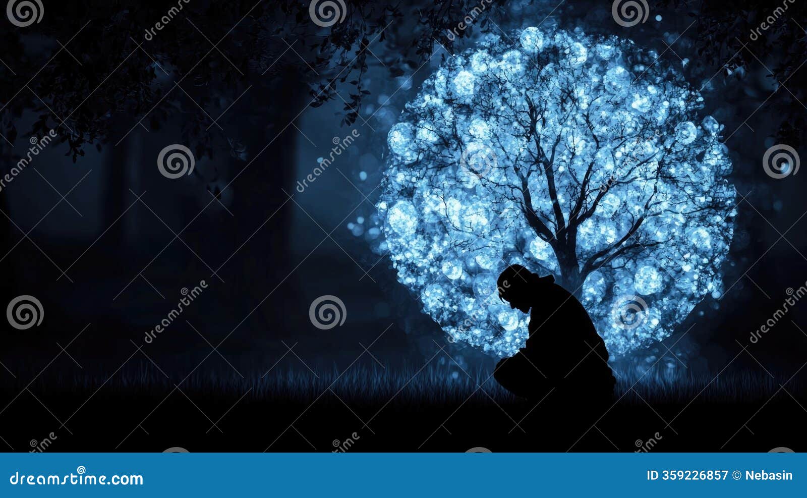 Silhouette of Person Kneeling by Luminous Tree in Mystical Forest at ...