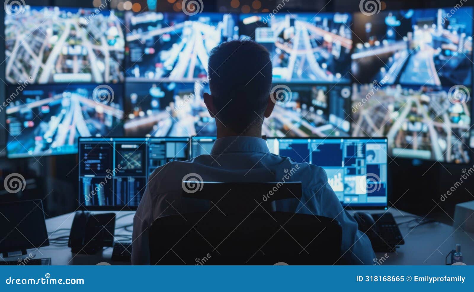 Security Professional Monitors Multiple Surveillance Screens at Night ...