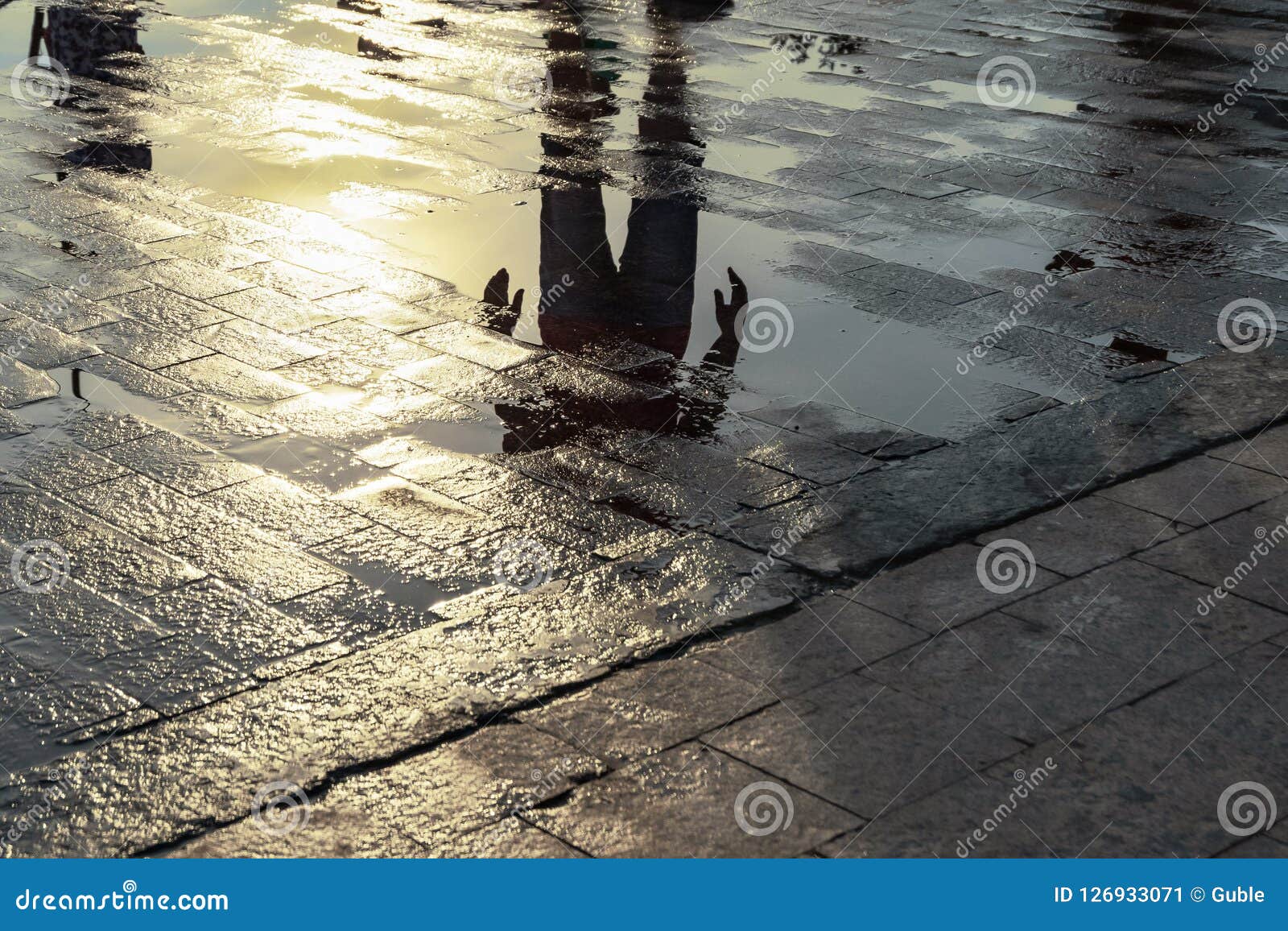 Silhouette of a Person Reflecting in a Puddle after the Rain. Stock ...