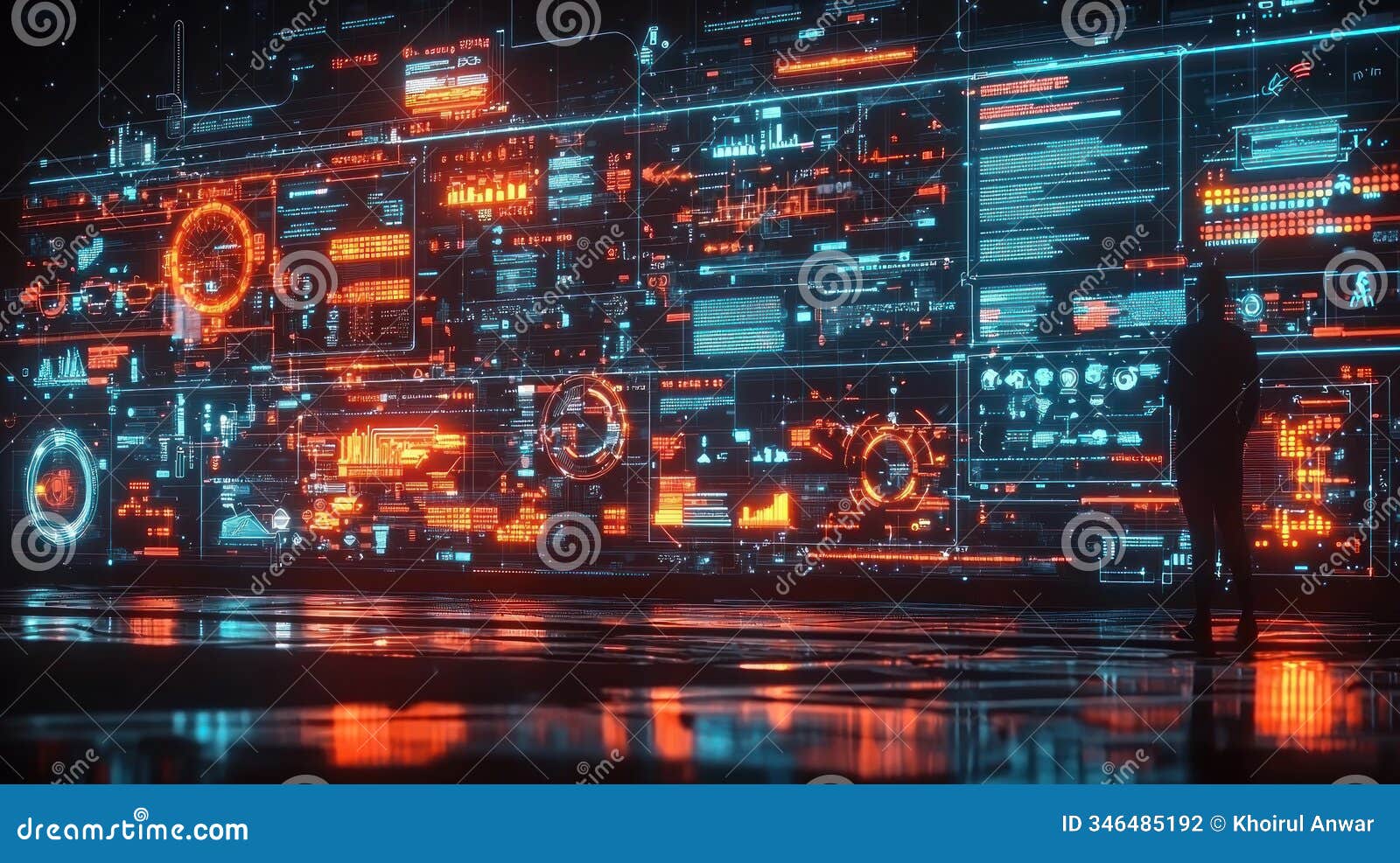 Silhouette of a Person Standing in Front of a Large Futuristic Digital ...