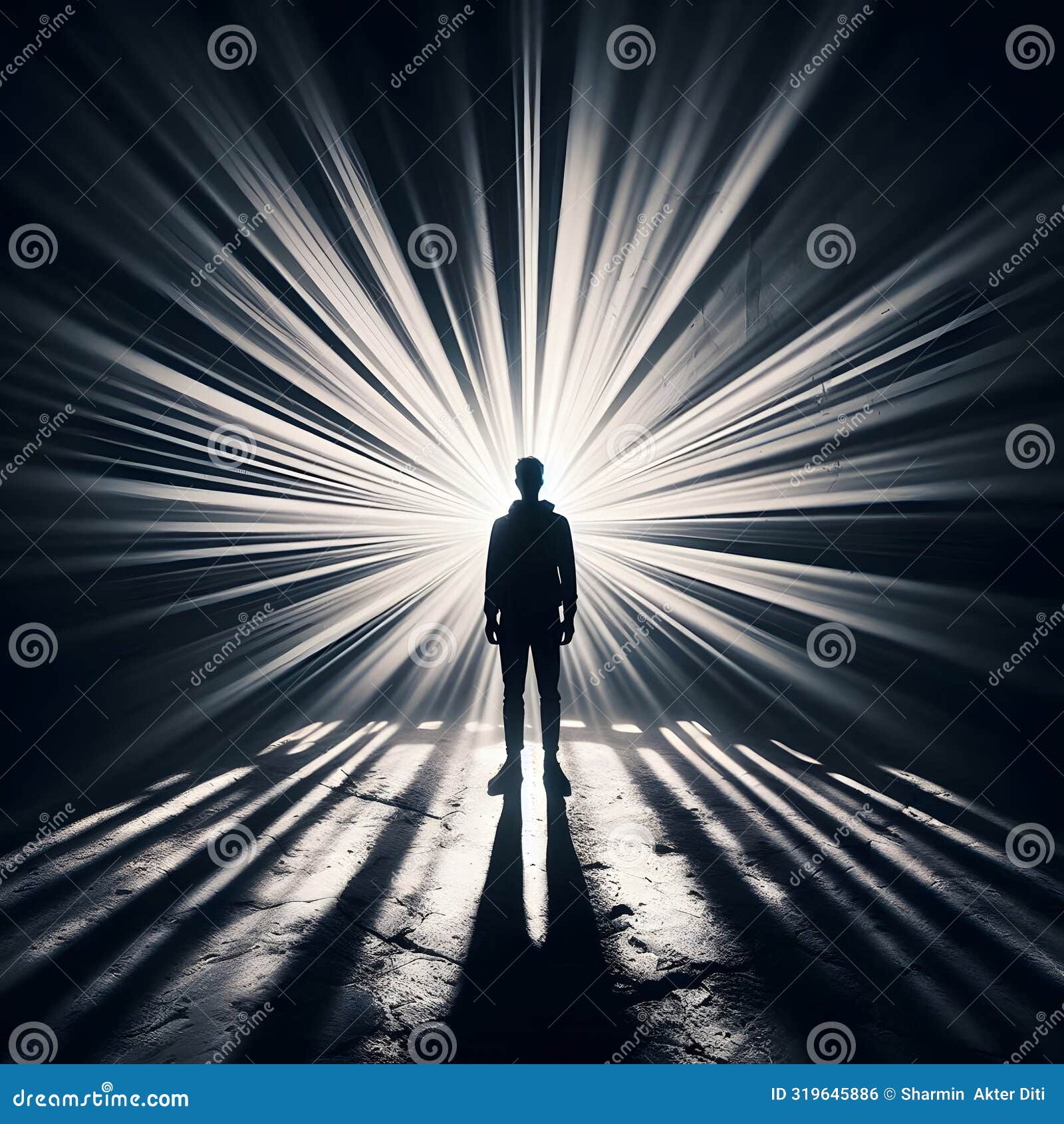 A Silhouette of a Person Standing in Front of a Light Source with Beams ...