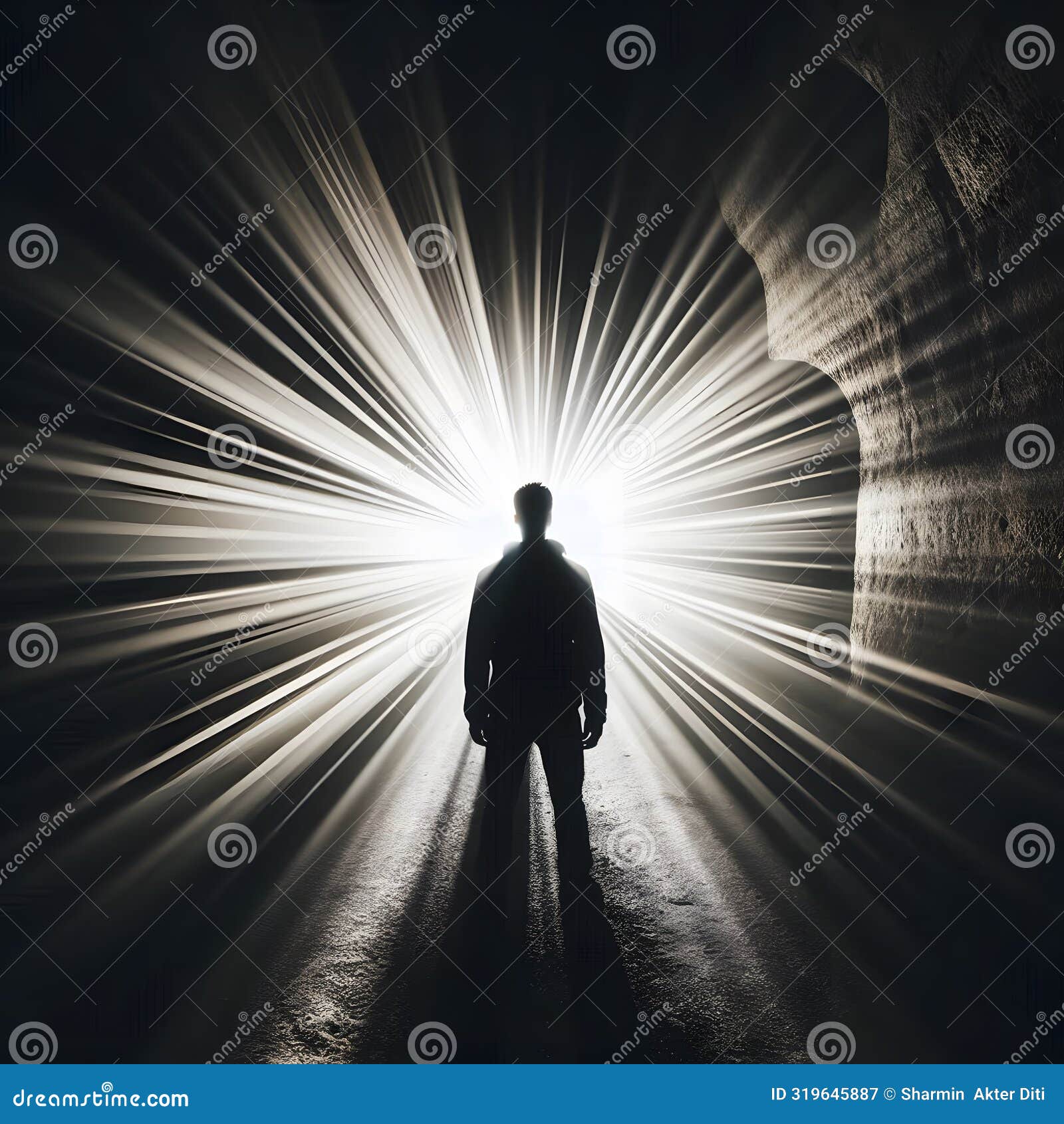 A Silhouette of a Person Standing in Front of a Light Source with Beams ...