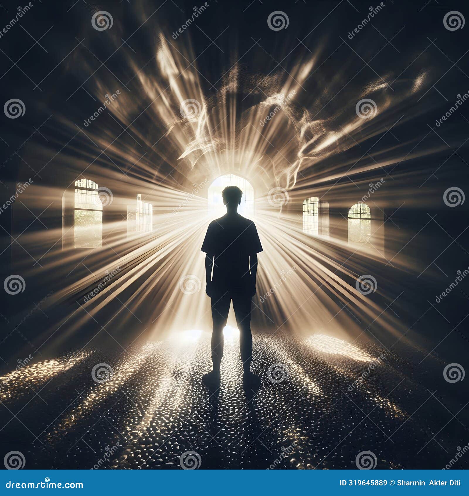 A Silhouette of a Person Standing in Front of a Light Source with Beams ...