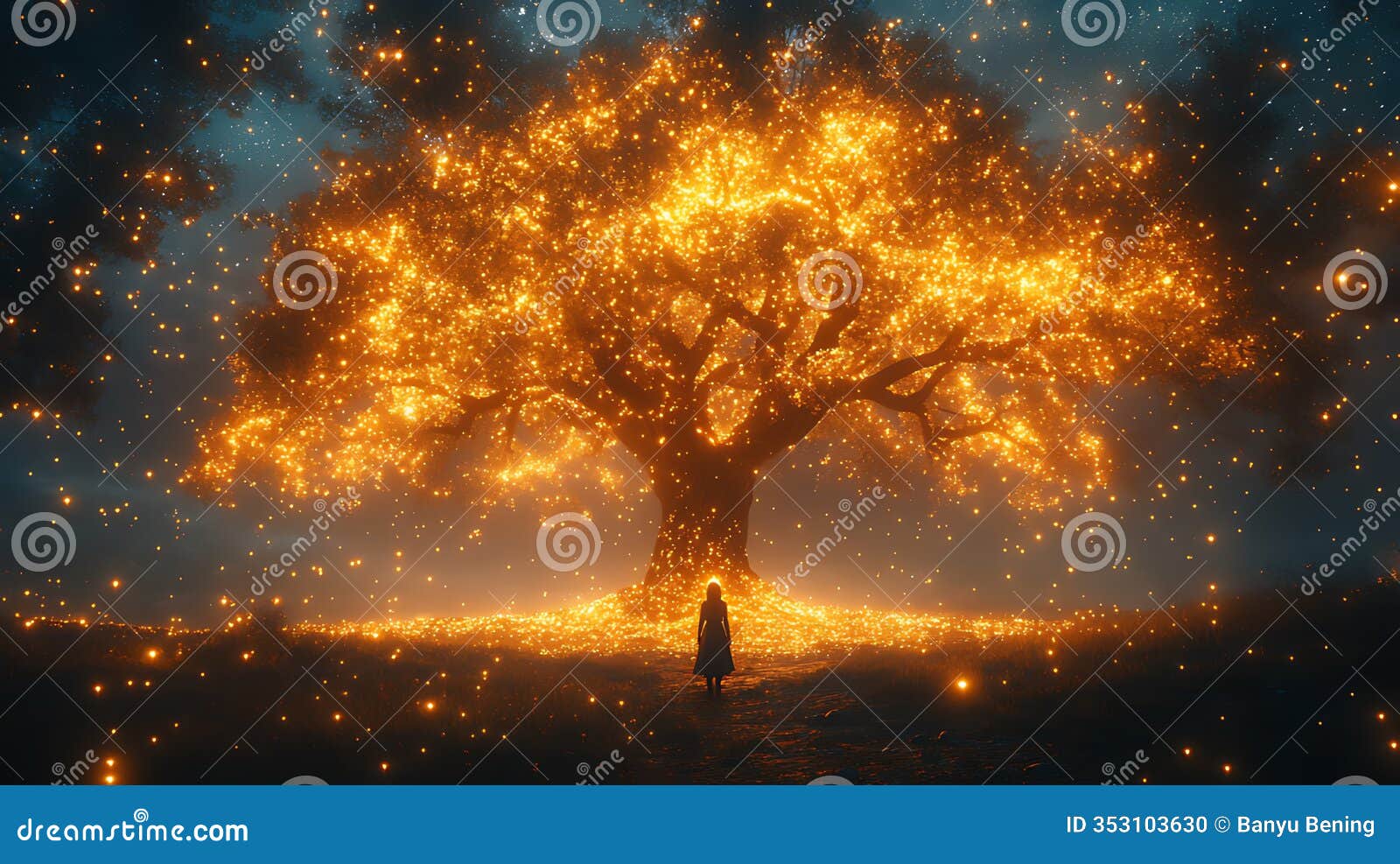 Silhouette of a Person Standing before a Large, Glowing Tree at Night ...