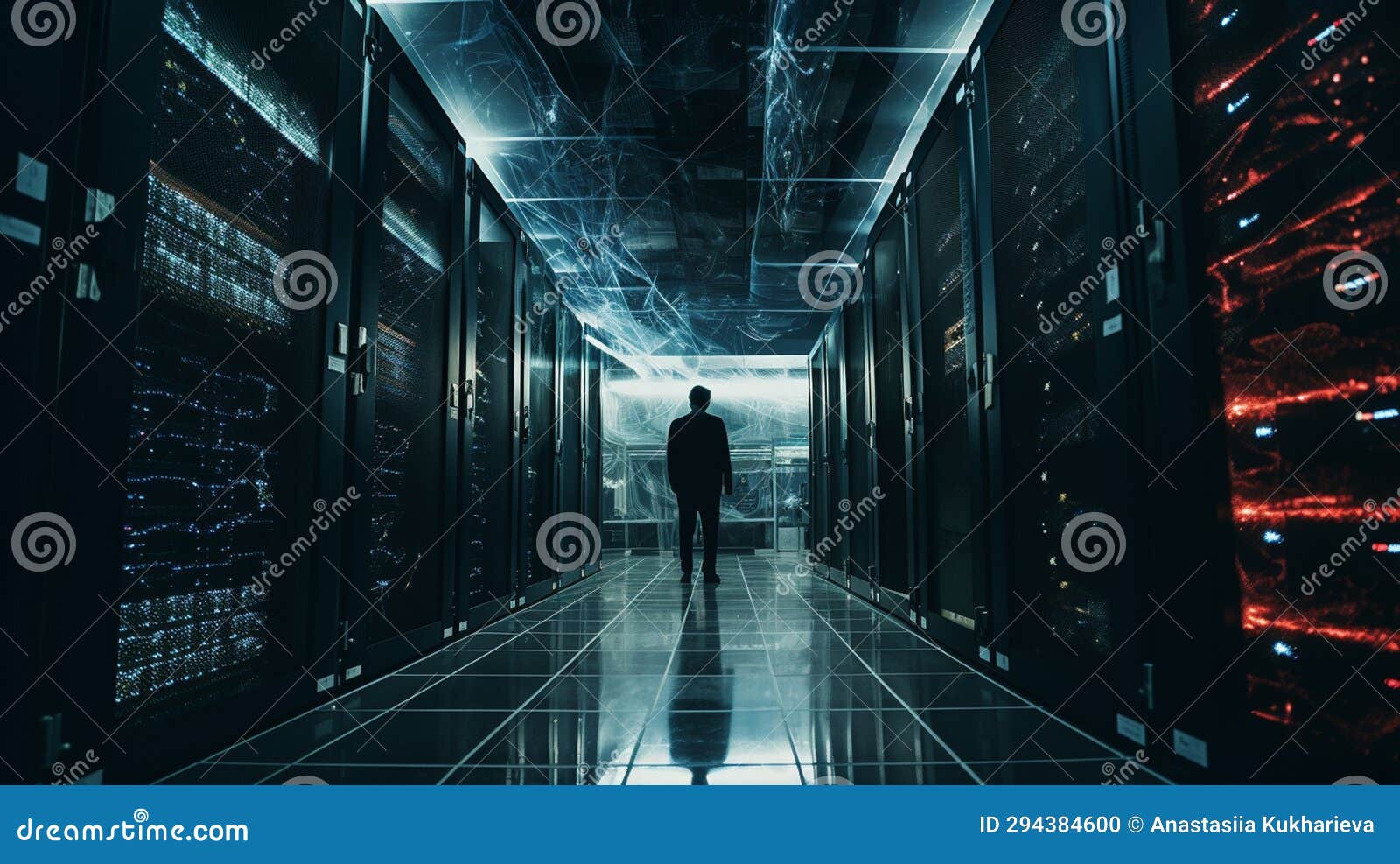 Silhouette of a Person Standing in a Server Room. Stock Illustration ...