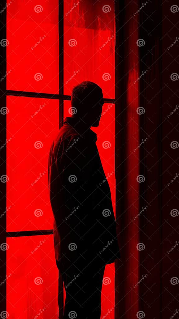 Silhouette of a Person Standing by a Window with Red Light Stock ...