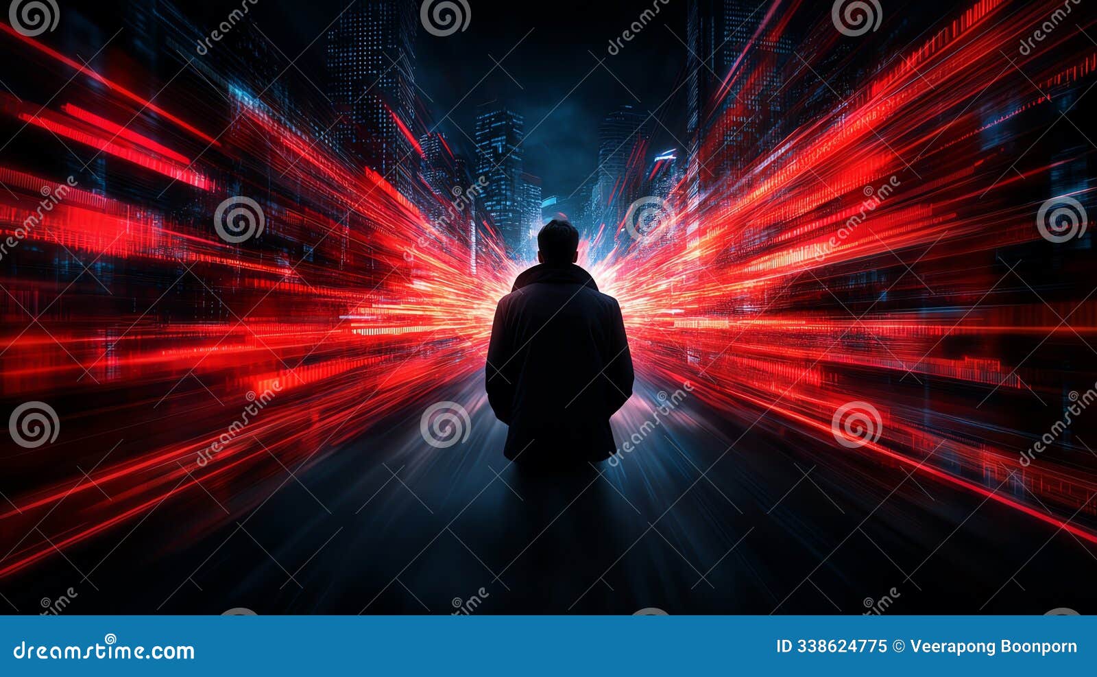 Silhouette of a Person Surrounded by Dynamic Light Trails, Conveying ...