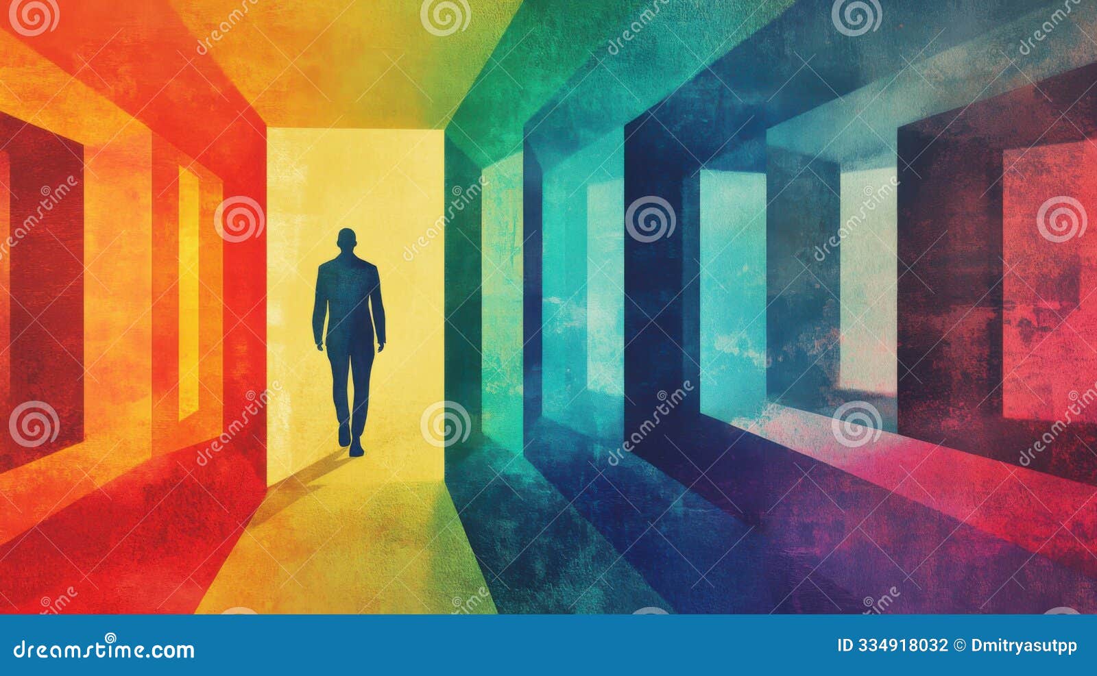 Silhouette of Person Walking through Rainbow-colored Corridor ...