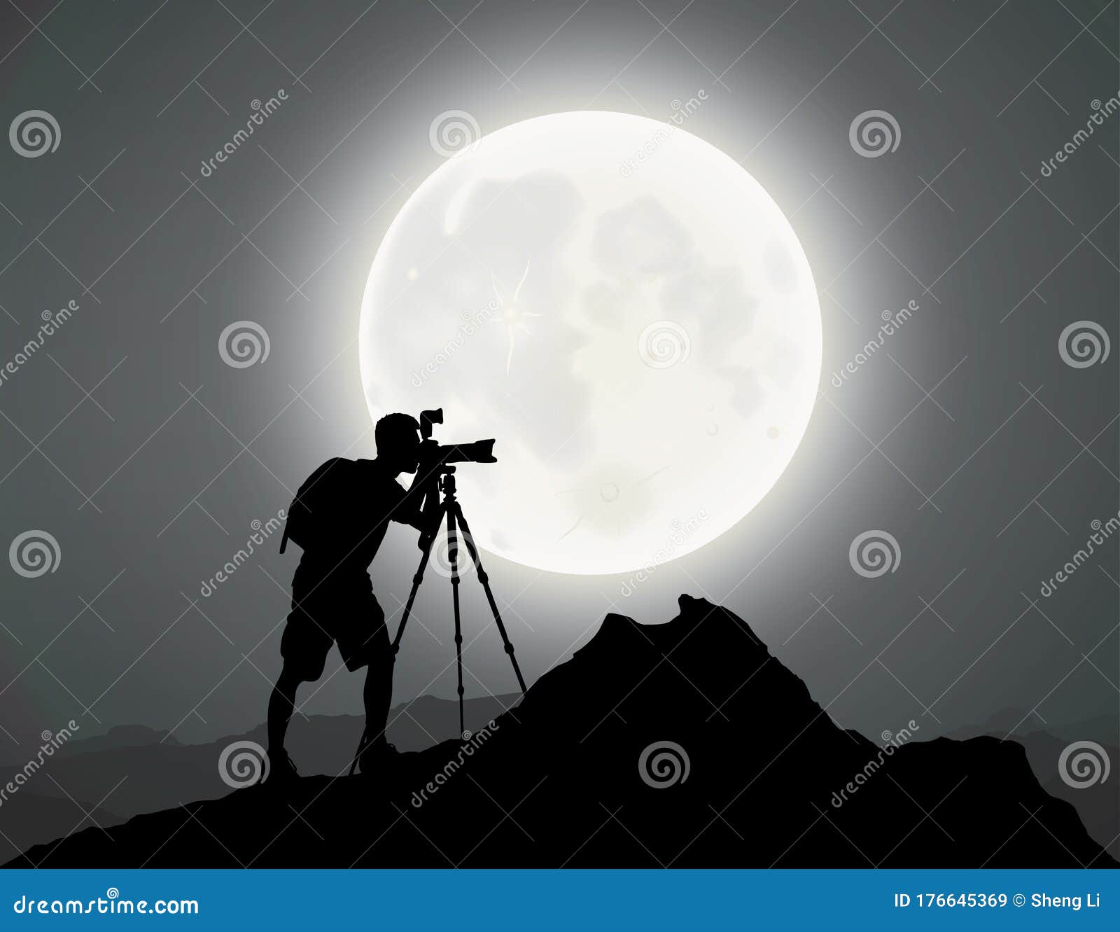 Silhouette of a Photographer, Mountain Top, Moonlight Stock Vector ...