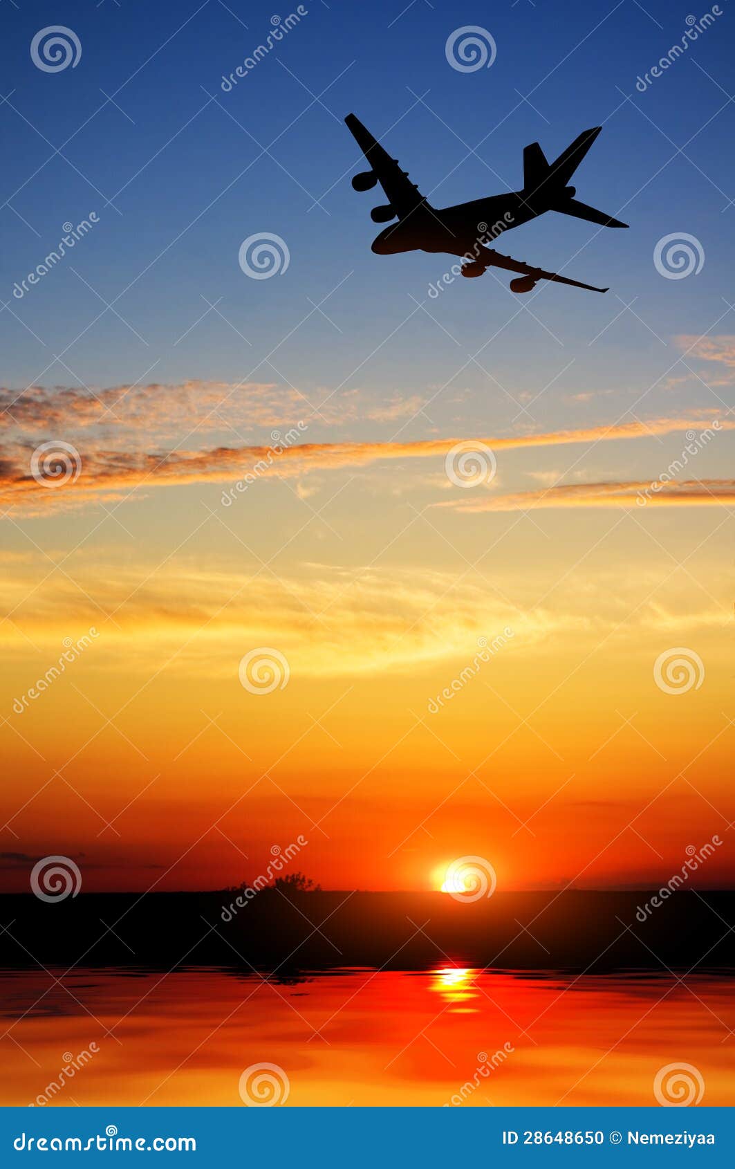 Silhouette of Plane Fly Over Water Stock Photo - Image of morning ...