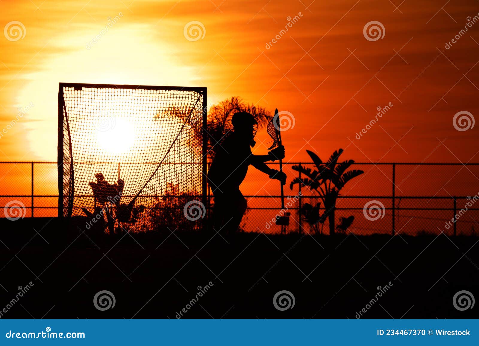 Silhouette Player Holding a Sunset Lacrosse Sticks, Net for the Game ...
