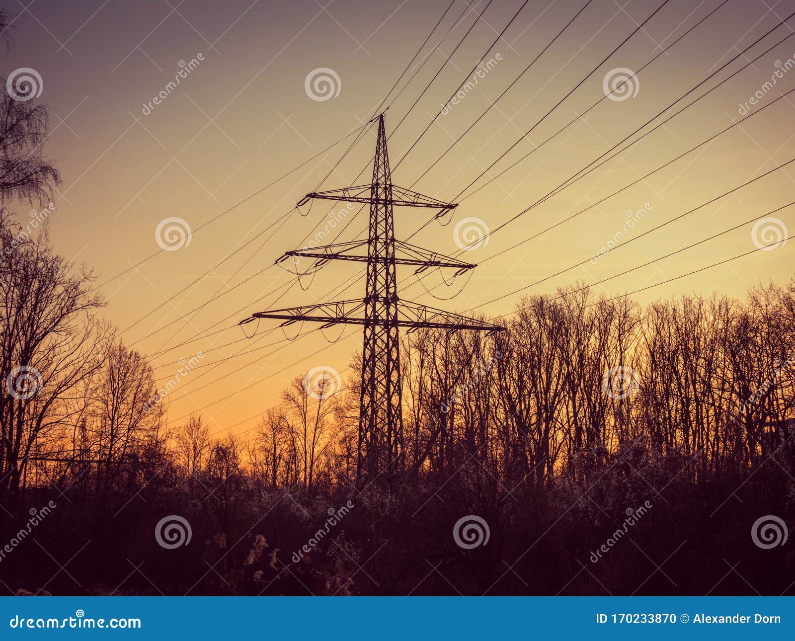 Silhouette of Poles and Power Lines in the Sunset Stock Photo - Image ...