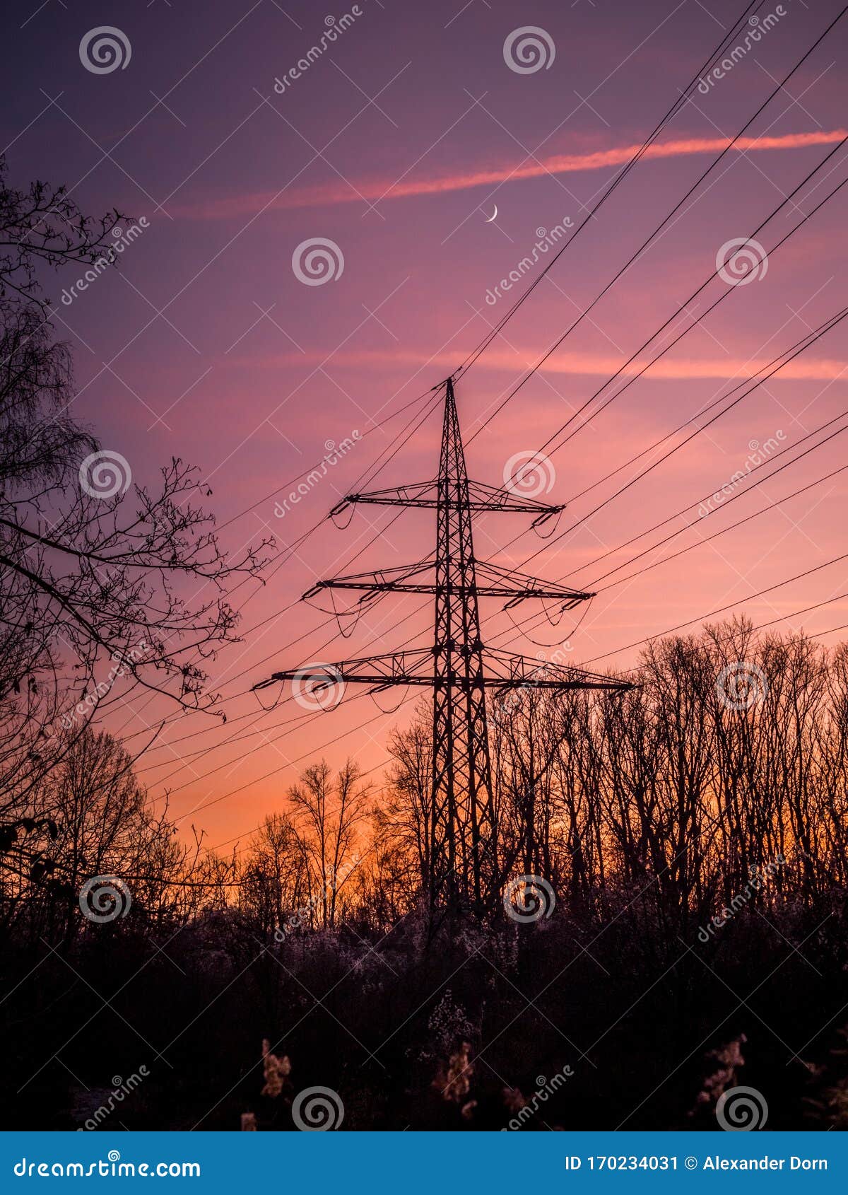 Silhouette of Poles and Power Lines in the Sunset Stock Image - Image ...