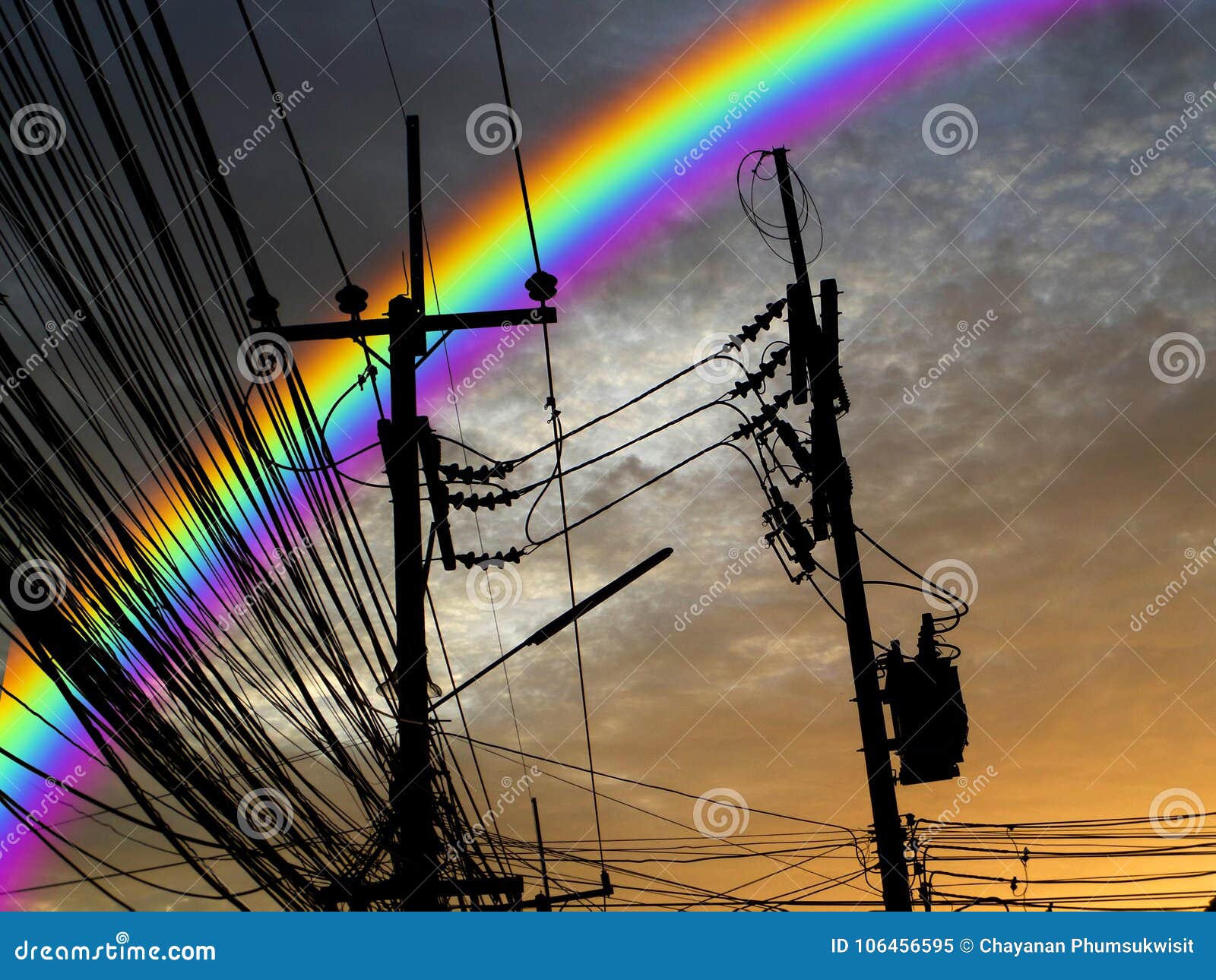 Silhouette Power Electric Line Rainbow in Sunset Sky Stock Image ...