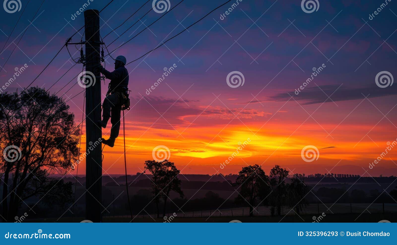 Silhouette of a Power Linesman Ascending a Pole, Clamp Stick Grip in ...