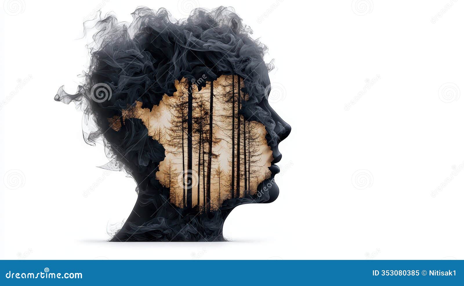 Silhouette Profile with Smoke and Forest Imagery White Isolated ...