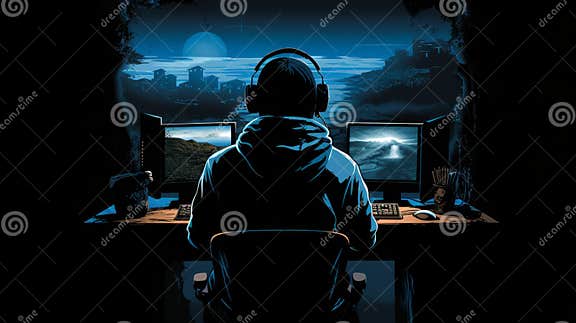 Silhouette of a Programmer Coding on a Screen in Dark Blue and Grey ...