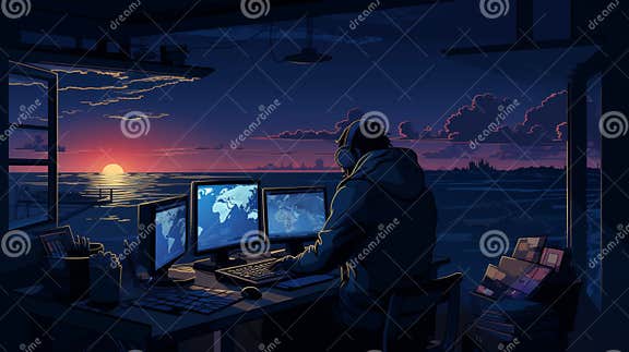 Silhouette of a Programmer Coding on a Screen in Dark Blue and Grey for ...