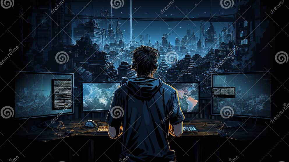 Silhouette of a Programmer Engaged in Coding on a Screen, Capturing a ...