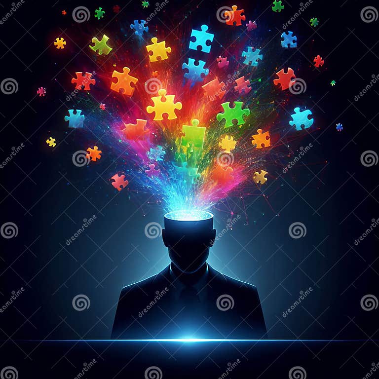 Silhouette with Puzzle Pieces Bursting from the Top of the Head Stock ...