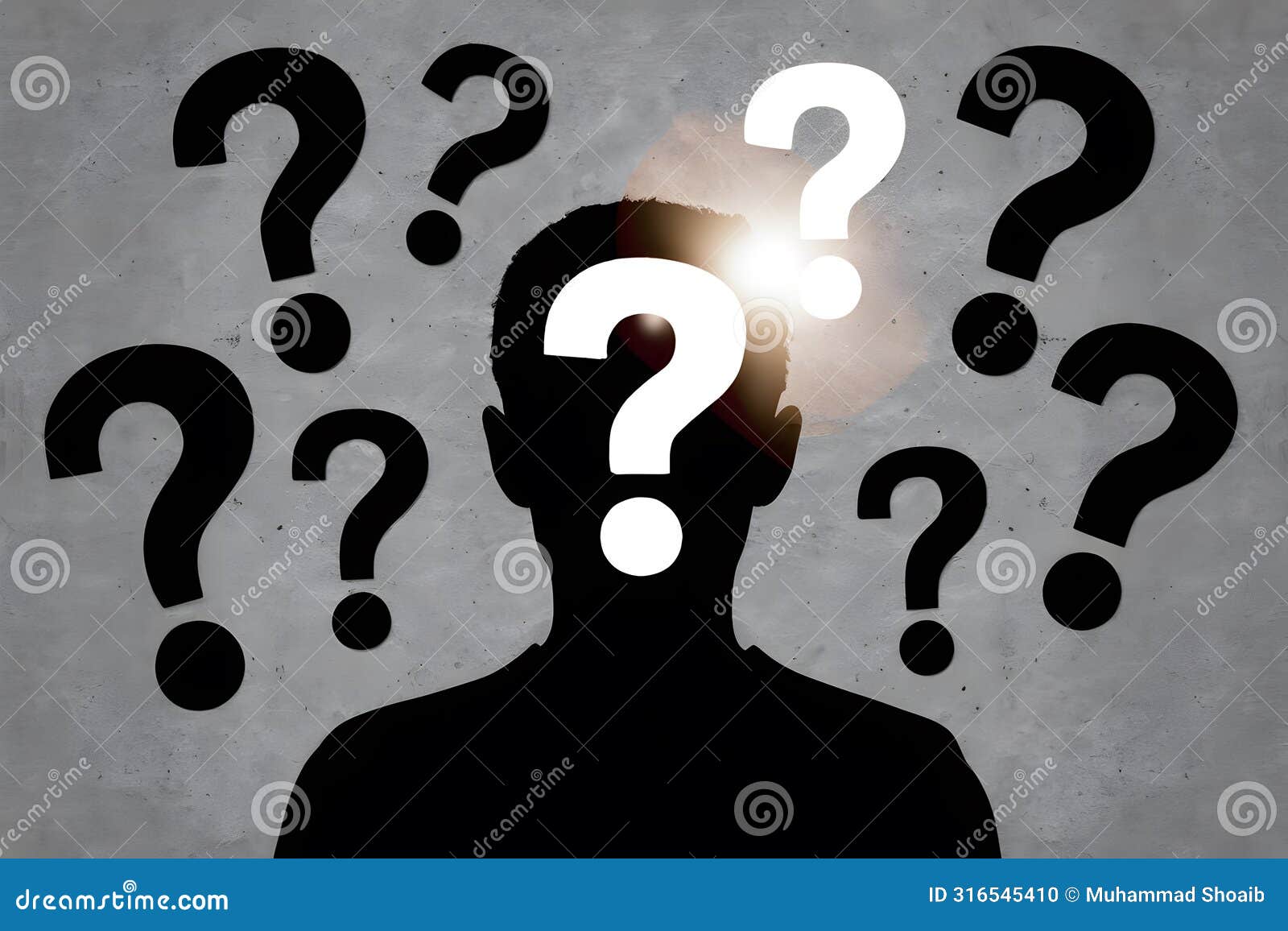 Silhouette with Question Marks, One Glowing, Symbolizing Introspection ...