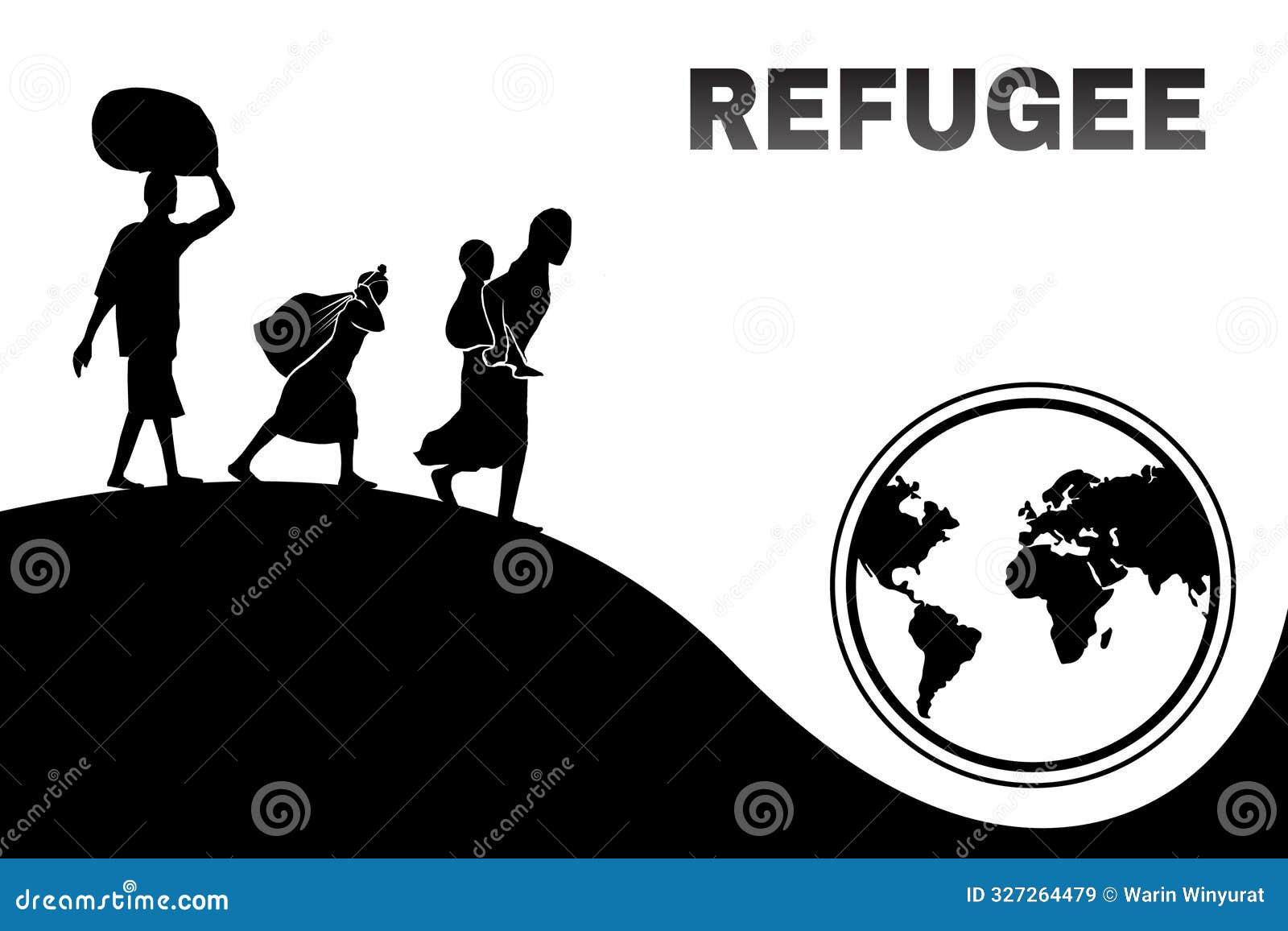 Silhouette of Refugee and World. Black and White Illustration of ...