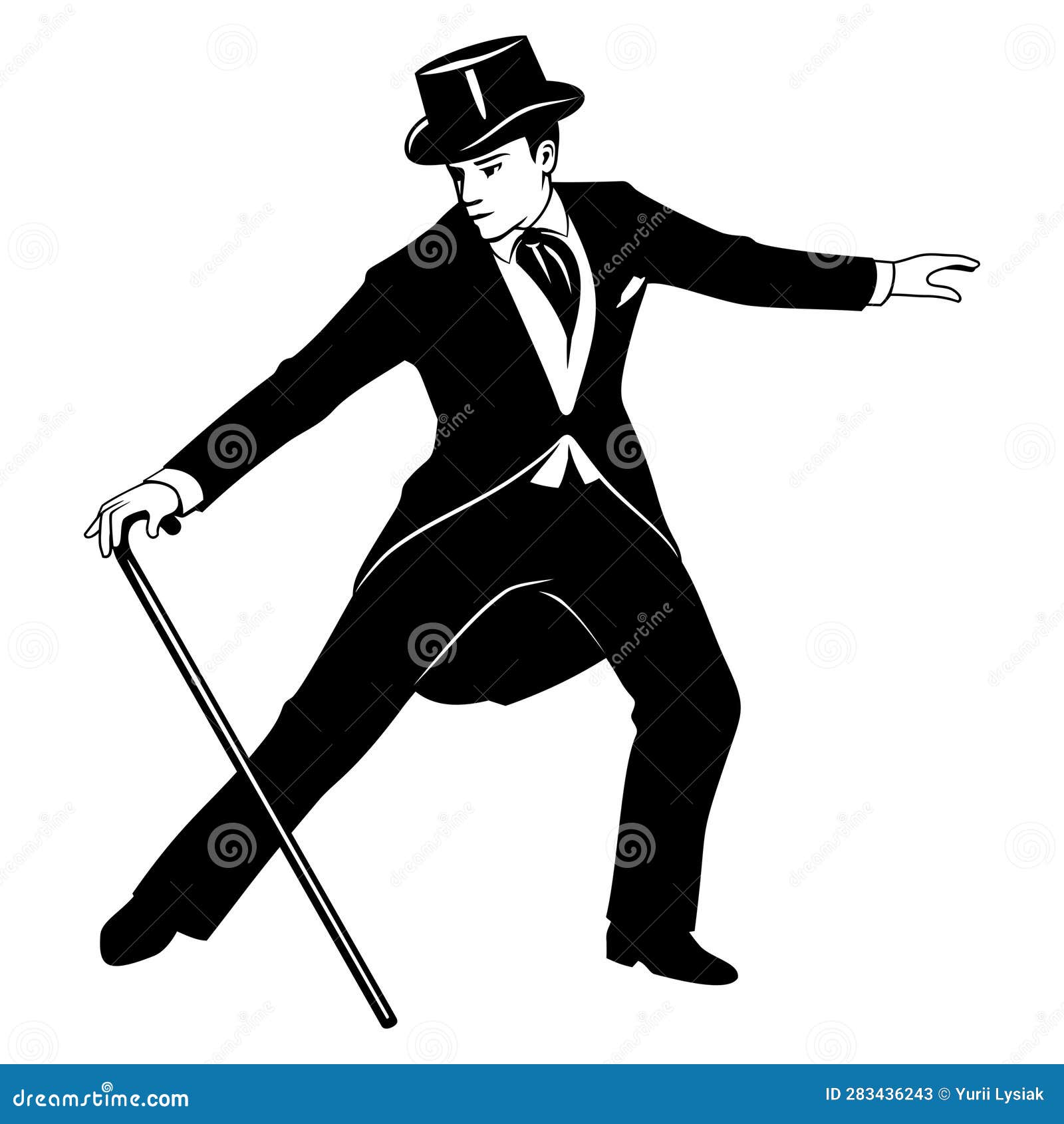Silhouette of Retro Dancer. Man in Tailcoat and Top Hat with Cane Dancing Stock Vector ...